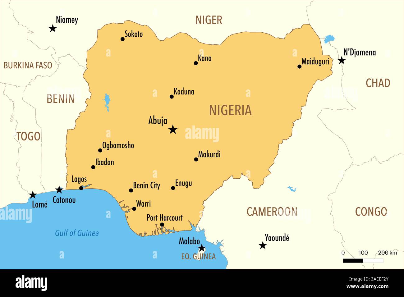Map of Nigeria with Major Cities and Neighboring Countries Stock Photo ...