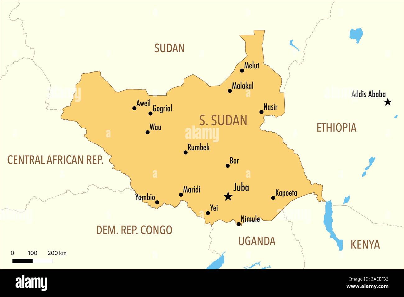 Map of South Sudan with Major Cities and Neighboring Countries Stock ...