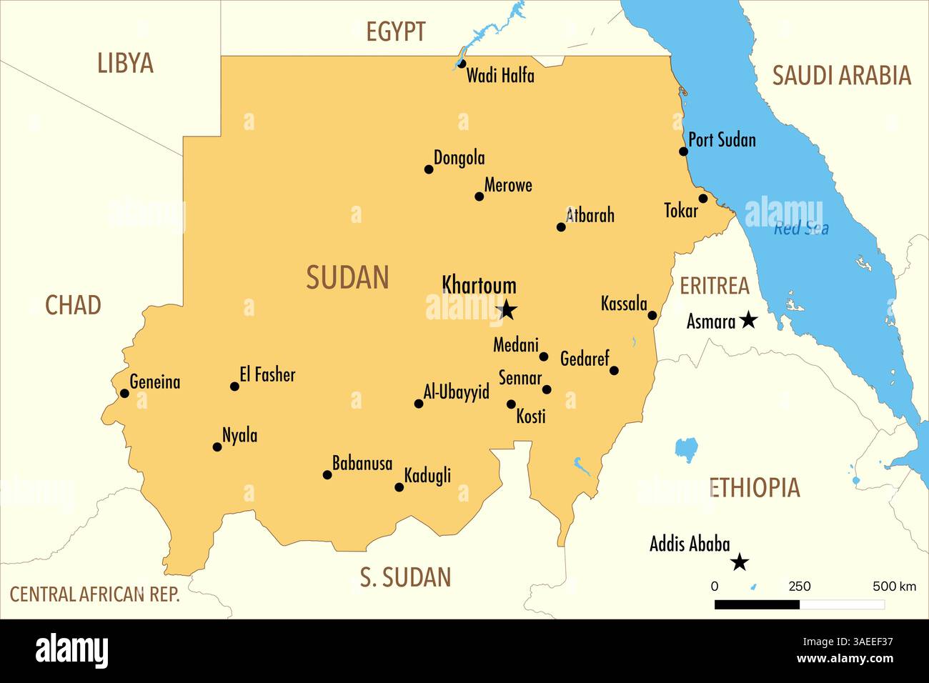 Map of Sudan with Major Cities and Neighboring Countries Stock Photo ...