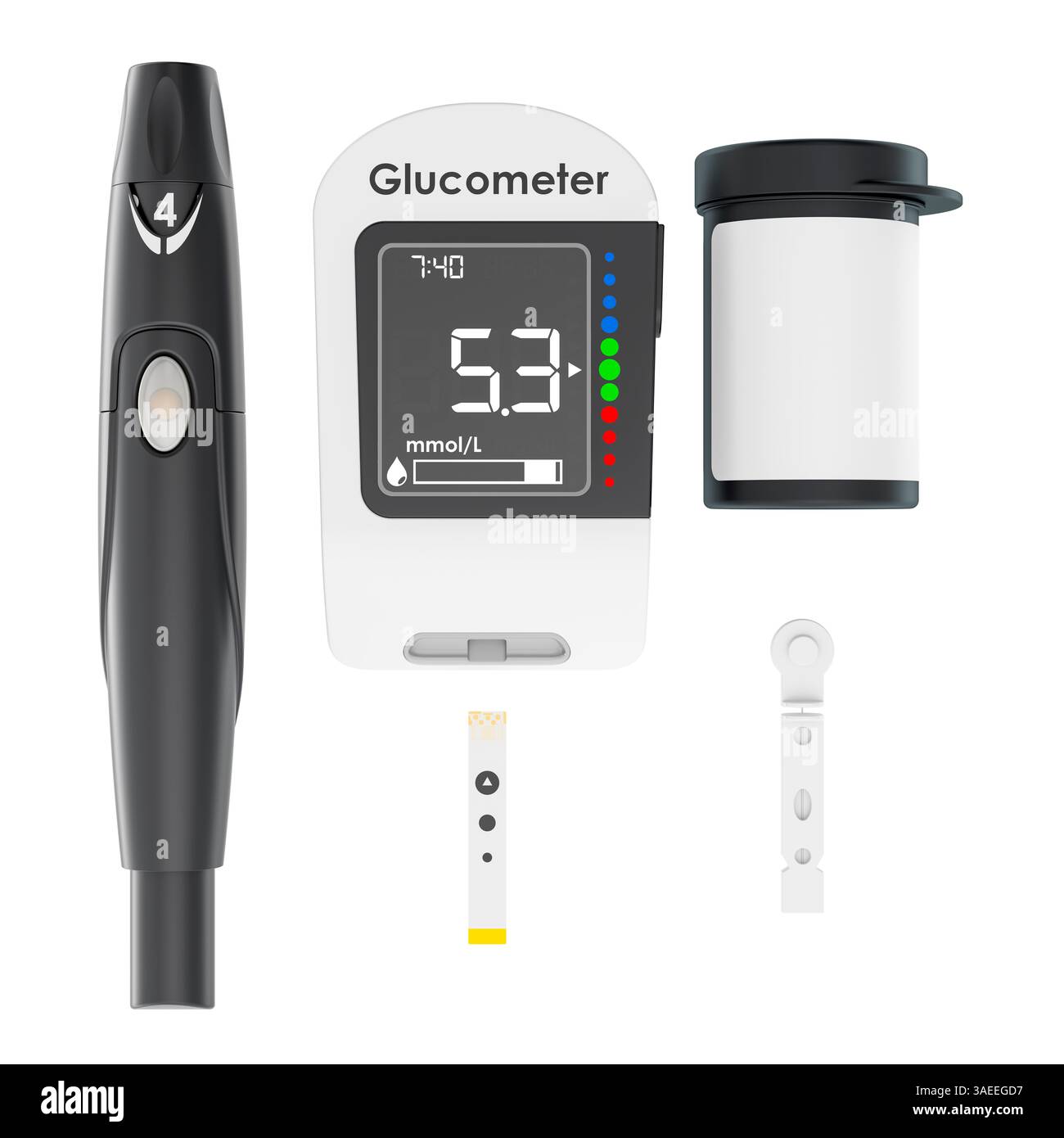 Glucometer, adjustable lancing device and glucose test strip container ...