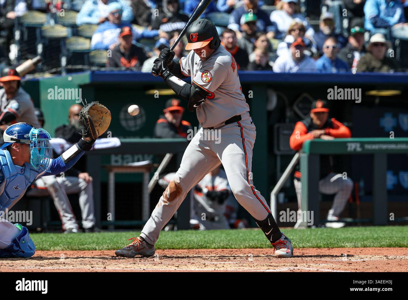Kansas City, MO, USA. 6th Apr, 2025. Baltimore Orioles catcher Adley ...