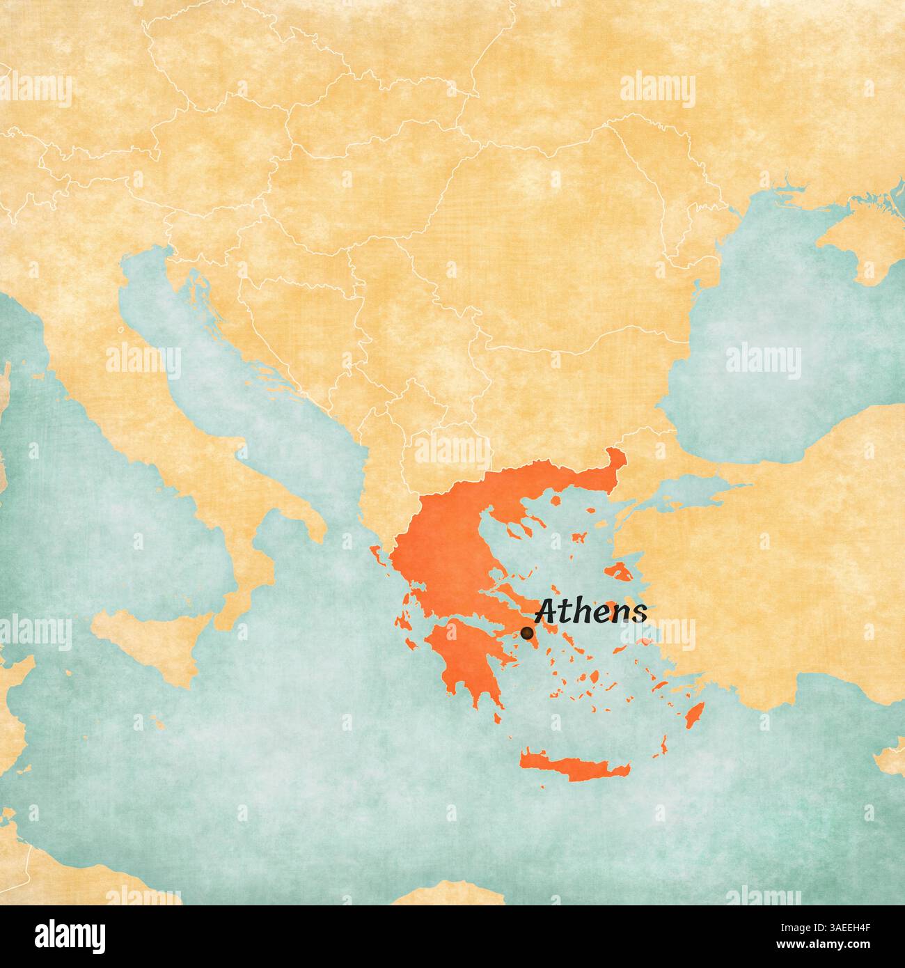 Athens on the map of Balkans in soft grunge and vintage style, like old ...