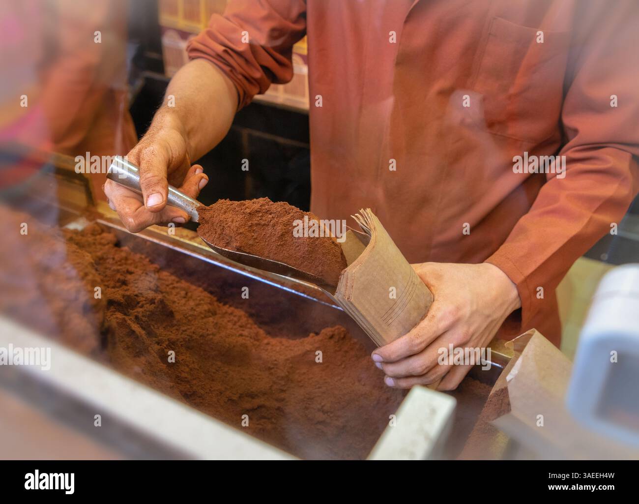 Finely ground Turkish coffee preparing for sale. Roasted and ground ...