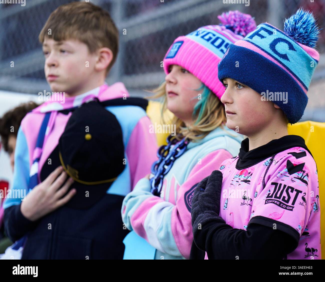 Madison, Wisconsin, USA. 5th Apr, 2025. Three young soccer fans ...