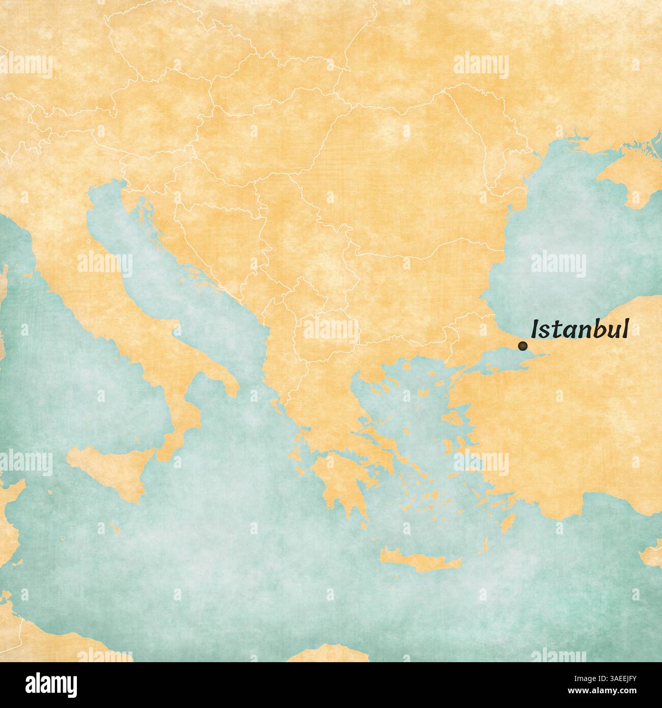 Istanbul on the map of Balkans in soft grunge and vintage style, like ...