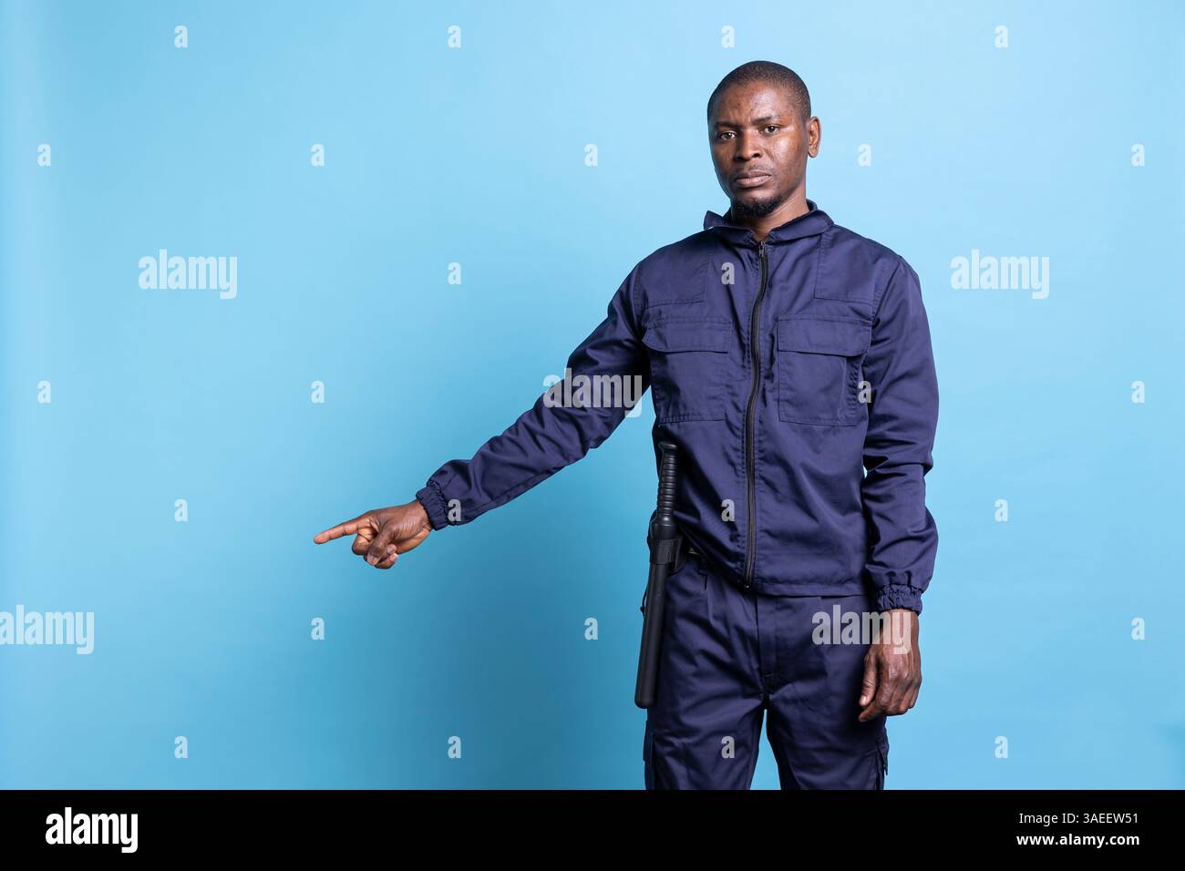 African american patrol agent pointing to left or right sides on camera ...