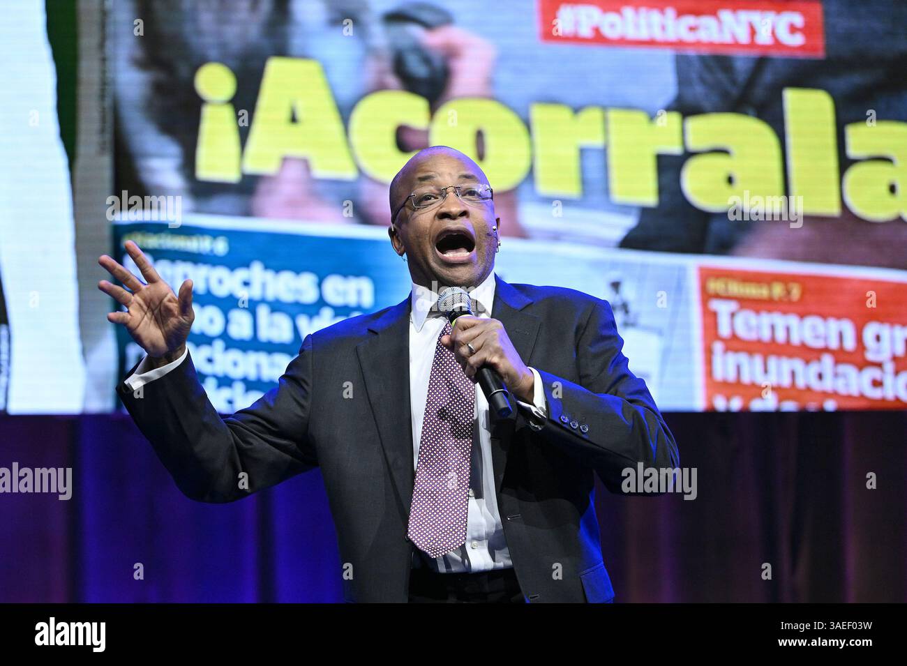 New York, USA. 05th Apr, 2025. WPIX reporter James Ford performs as New ...