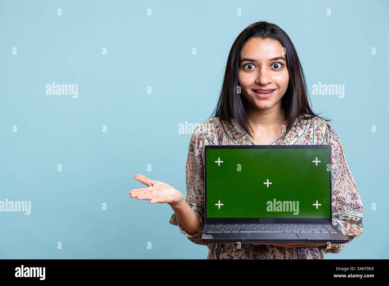 Content creator girl with long hair recommending isolated mockup screen ...
