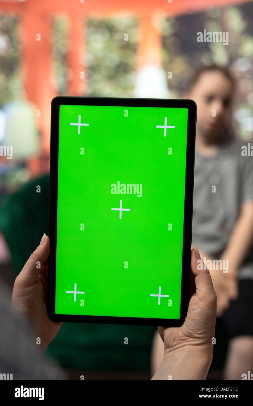 Teen girl in behavioral therapy next to copy space mockup discussing ...