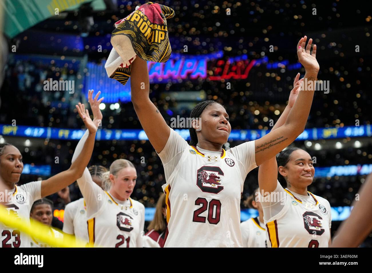 South Carolina forward Sania Feagin (20) walks off the floor with ...