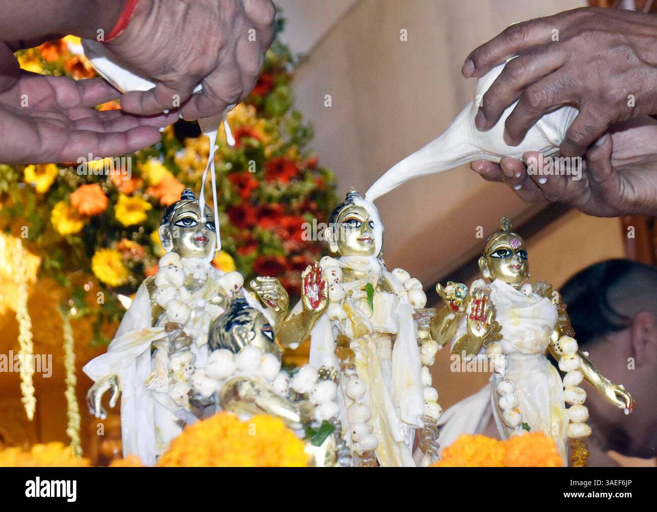 PATNA, INDIA - APRIL 6: Saints offering milk on lord Ram, Laxman & Sita ...