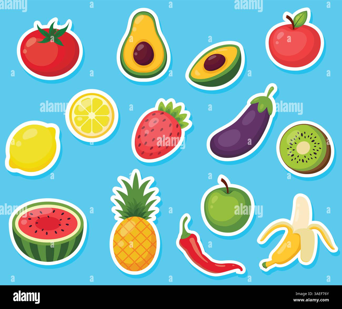 Set of stickers of fruits and vegetables. Hand drawn Vector ...