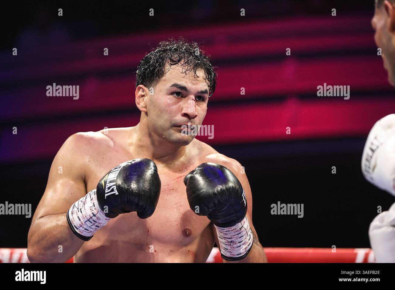 April 5, 2025: (R-L) Junior Welterweight Lindolfo Delgado in the ring ...