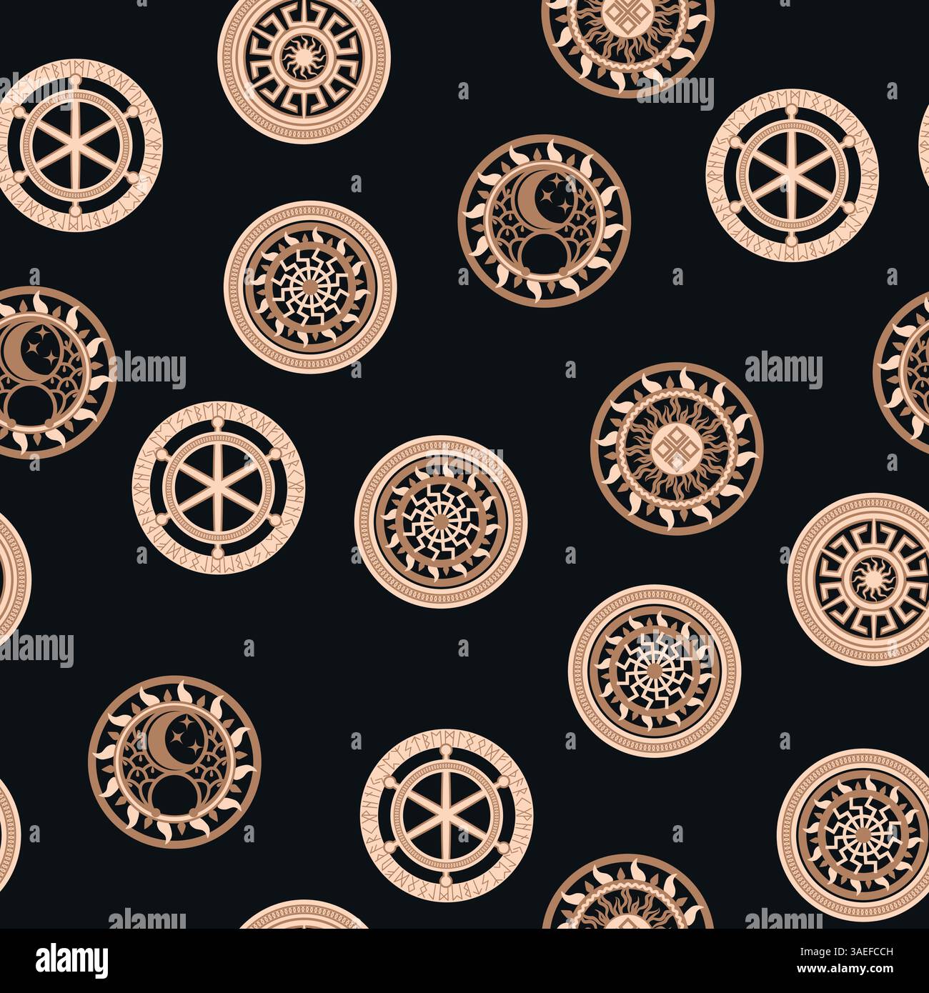 Seamless pattern ancient Slavic symbols. Star of the arkgamma, kolovrat ...