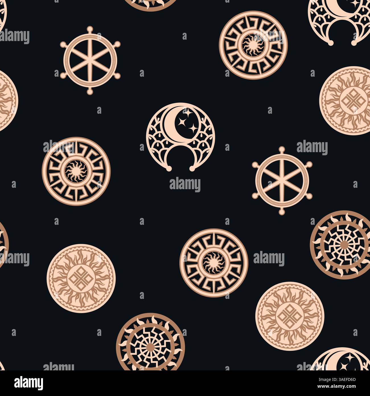 Seamless pattern ancient Slavic symbols. Star of the arkgamma, kolovrat ...