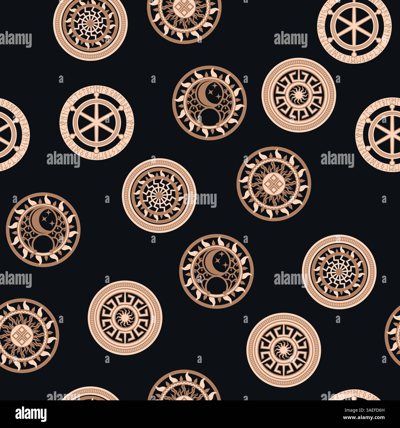 Seamless pattern ancient Slavic symbols. Star of the arkgamma, kolovrat ...