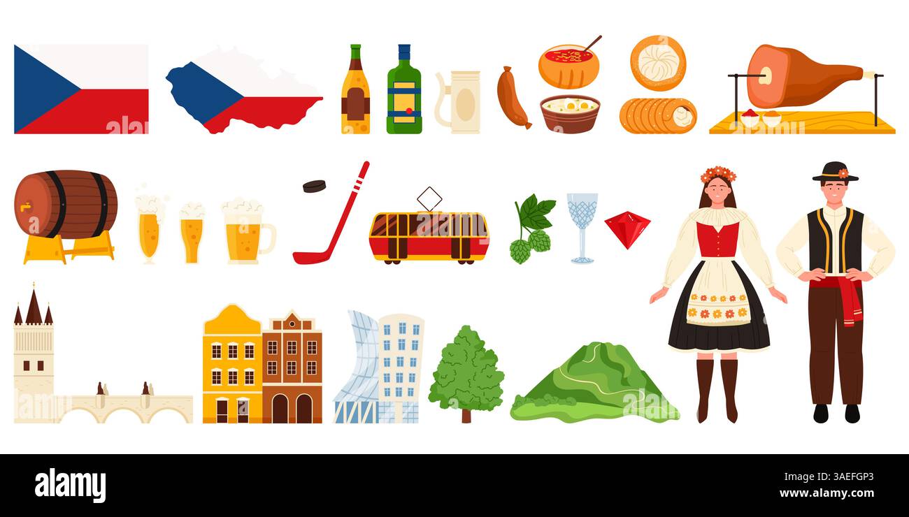 Travel to Czech Republic infographic set. Czech couple in traditional ...
