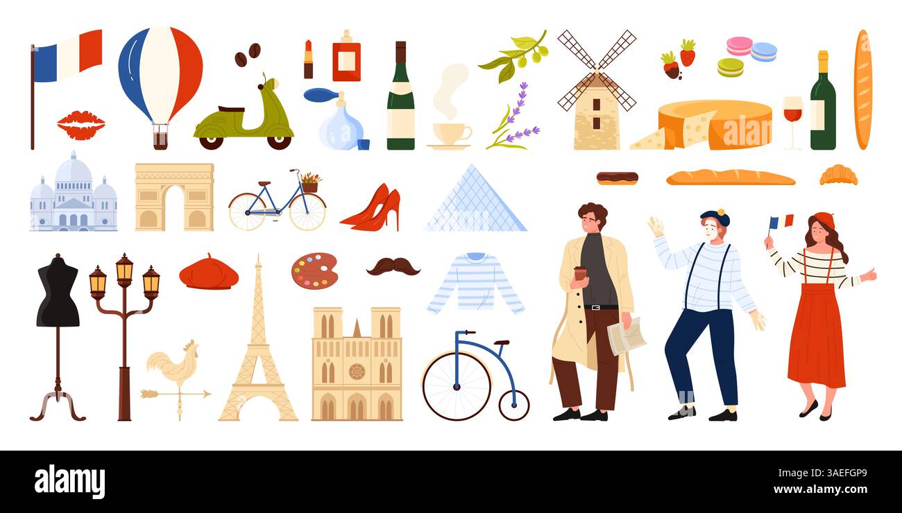 Travel to France, culture elements, food and French symbols set. Cute ...
