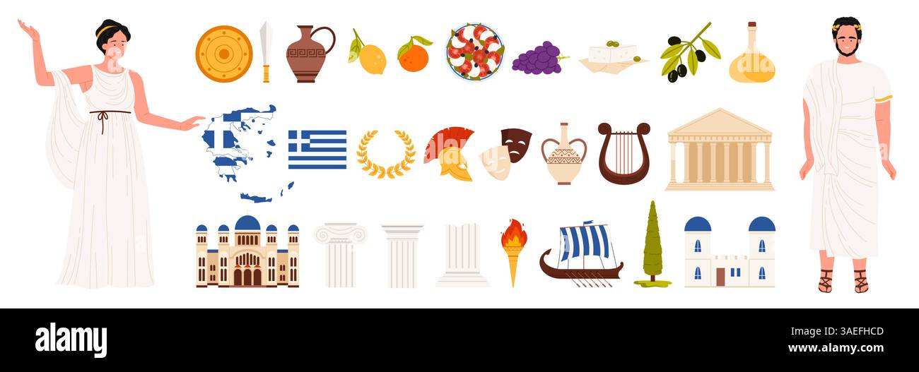 Travel to Greece set. Greek ancient culture heritage landmarks ...
