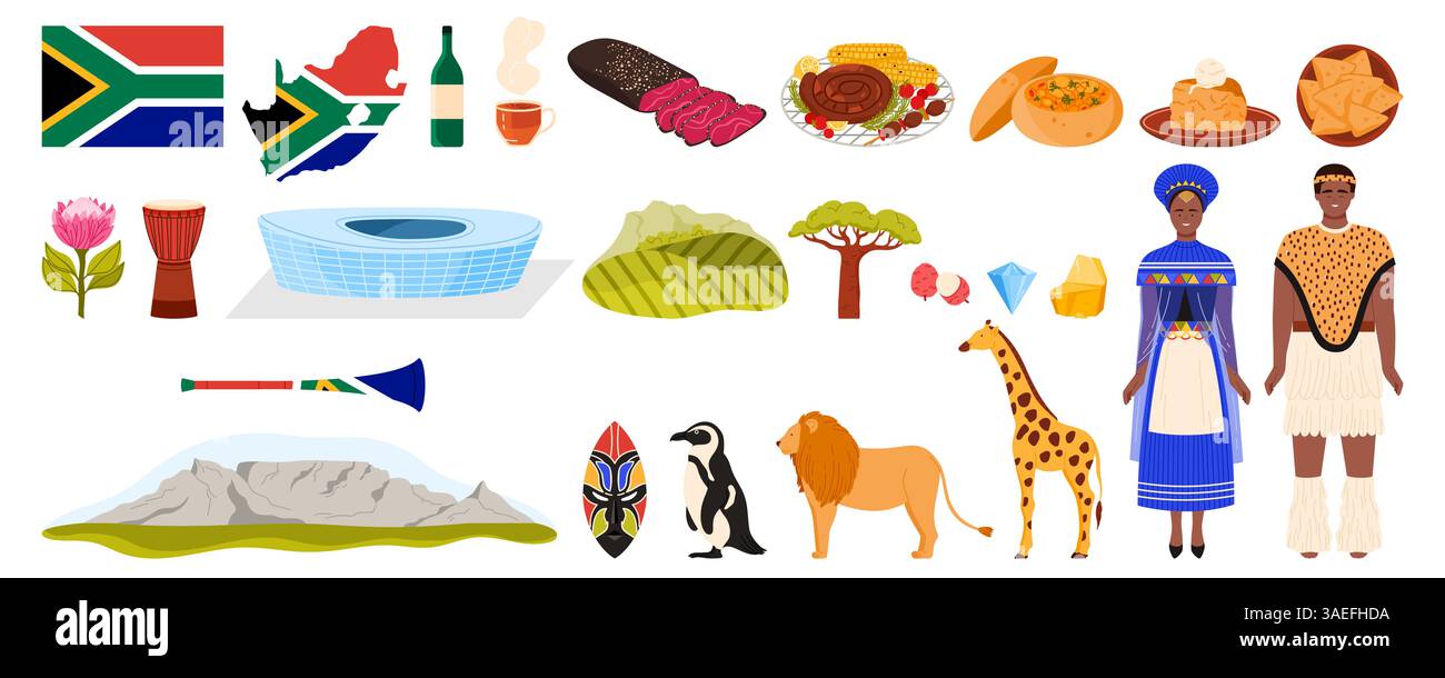 Travel to South Africa set with culture and nature elements, people in ...