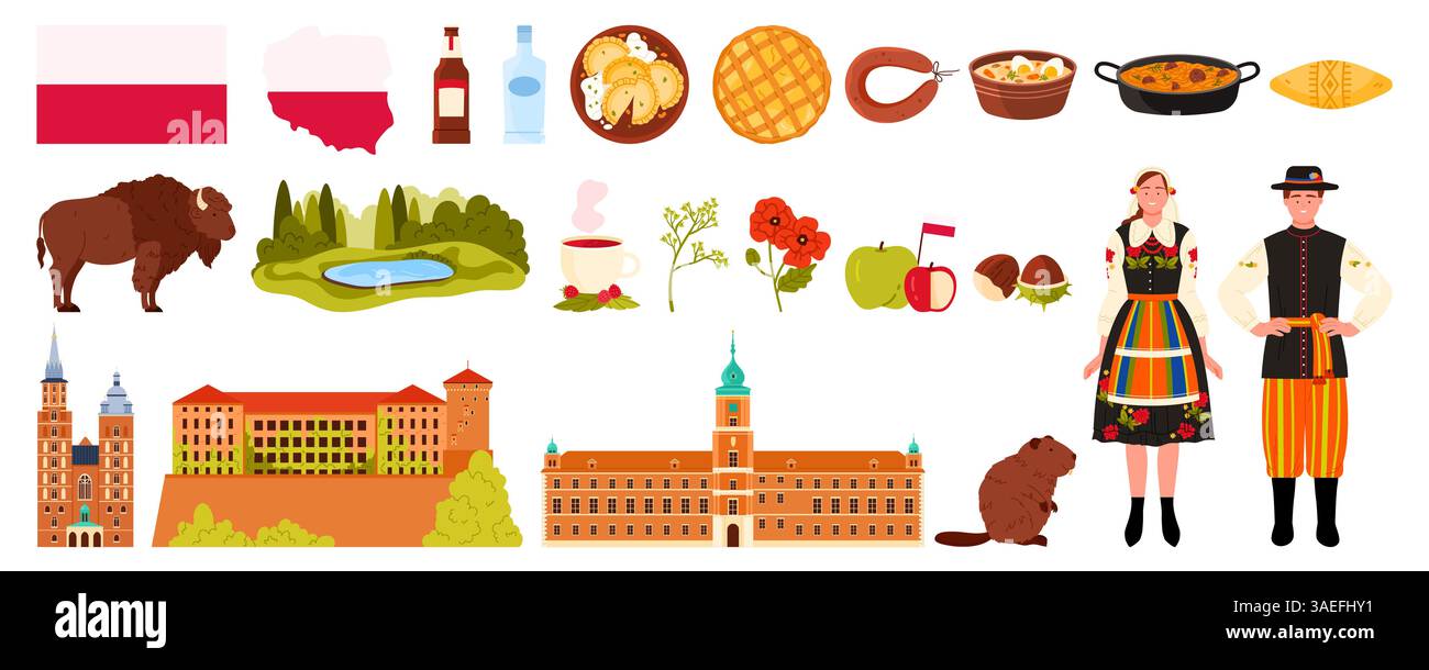 Travel to Poland set, Polish culture elements and landmarks, food. Flag ...