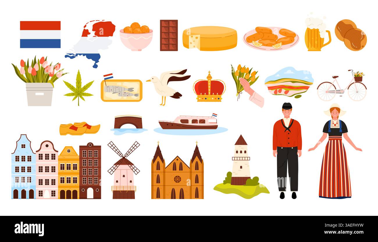 Travel to Netherlands set, famous architecture landmark and national ...
