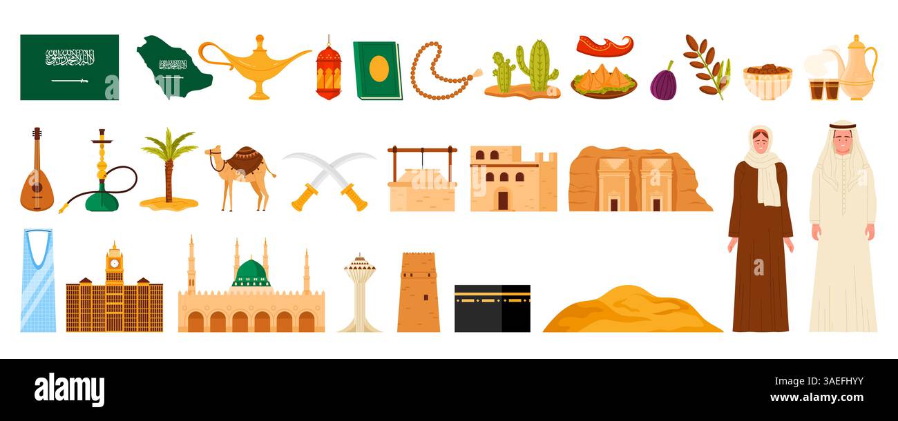 Saudi Arabia culture elements and landmarks set. Man and woman in ...