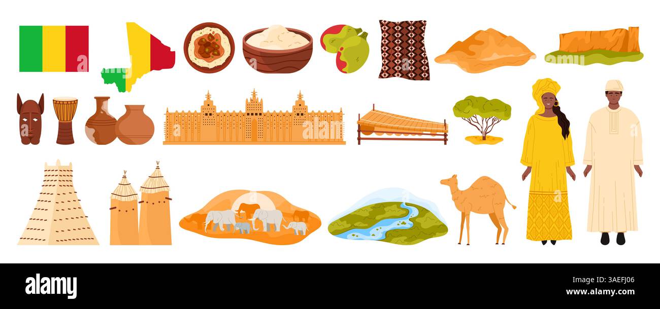 Travel to Mali set with culture elements and famous landmarks, food ...
