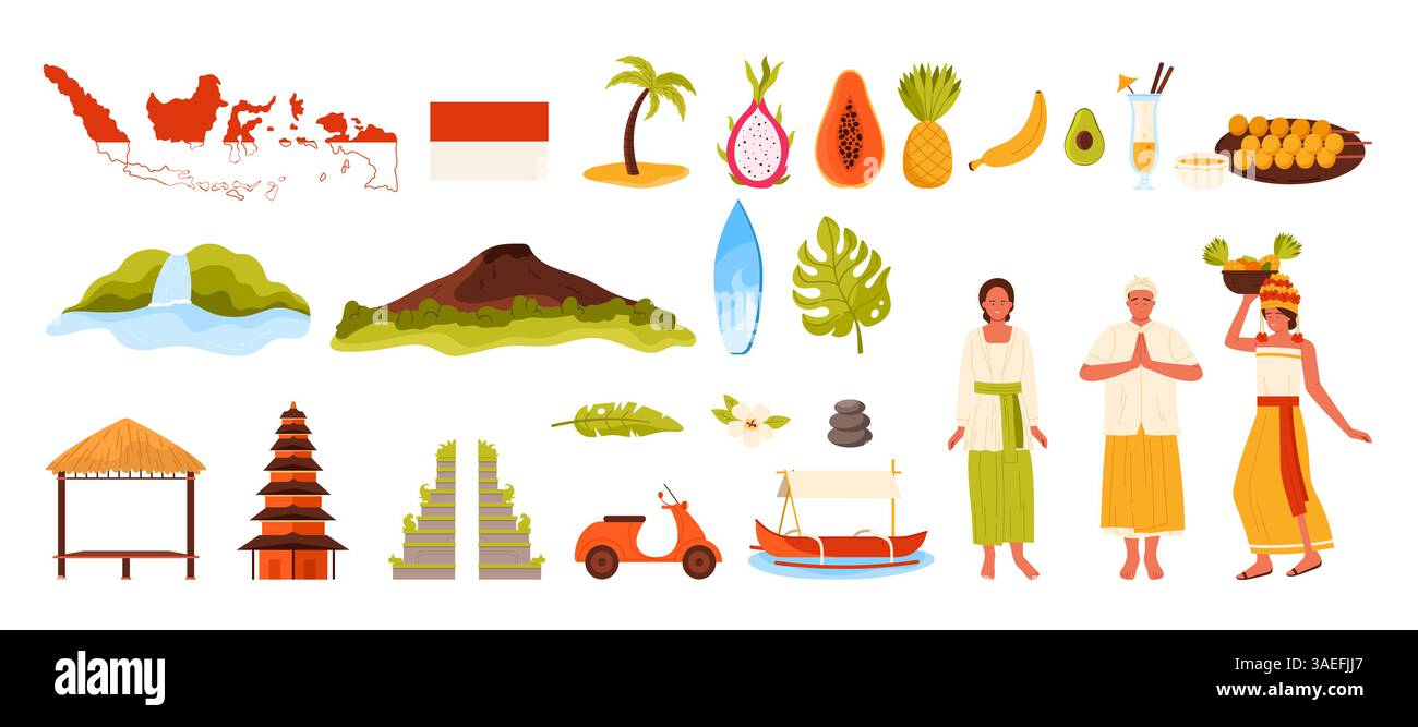 Travel to Indonesia, heritage landmark and national culture symbol set ...