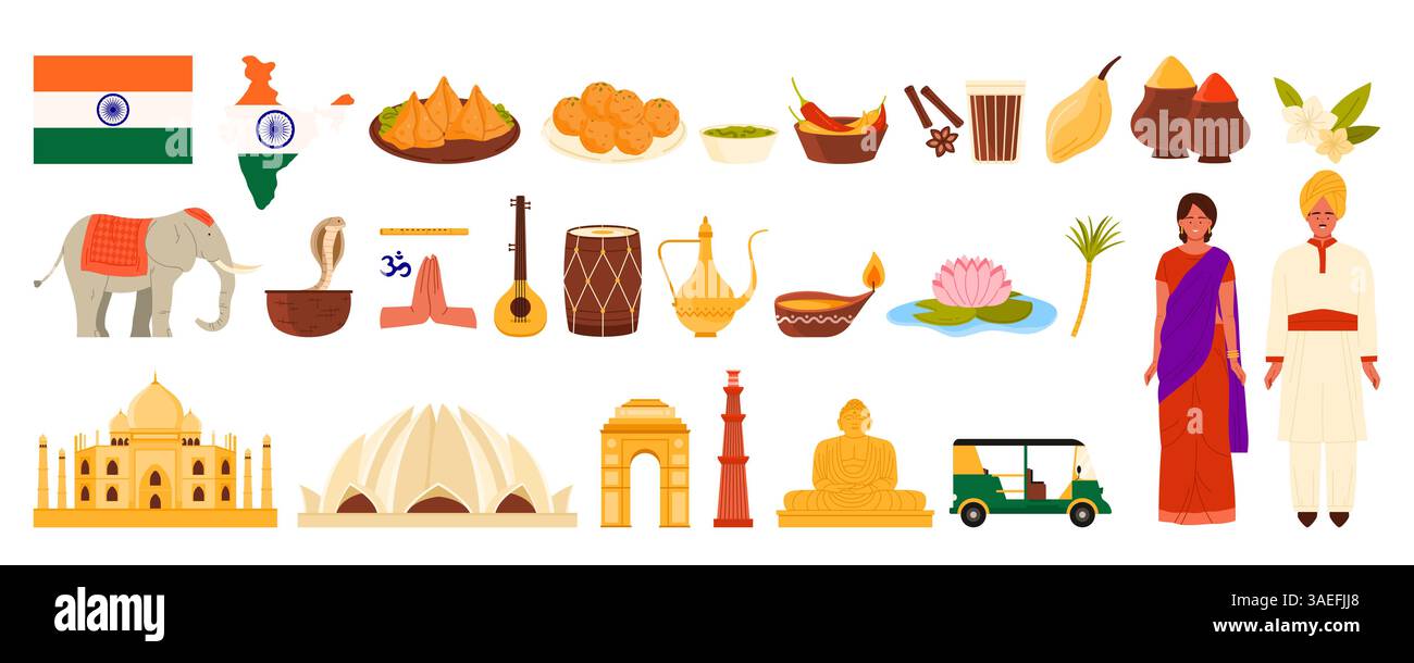 Travel to India infographic set with Indian man and woman in sari ...