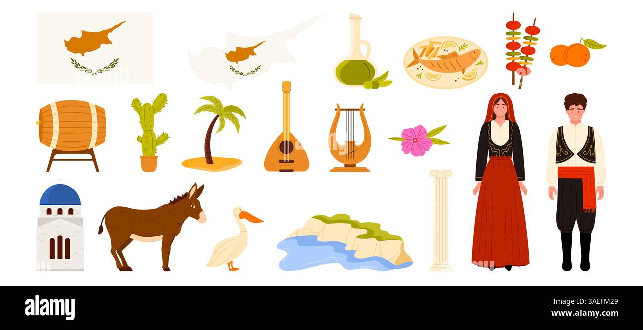 Travel to Cyprus set, culture elements and landmarks of country, food ...