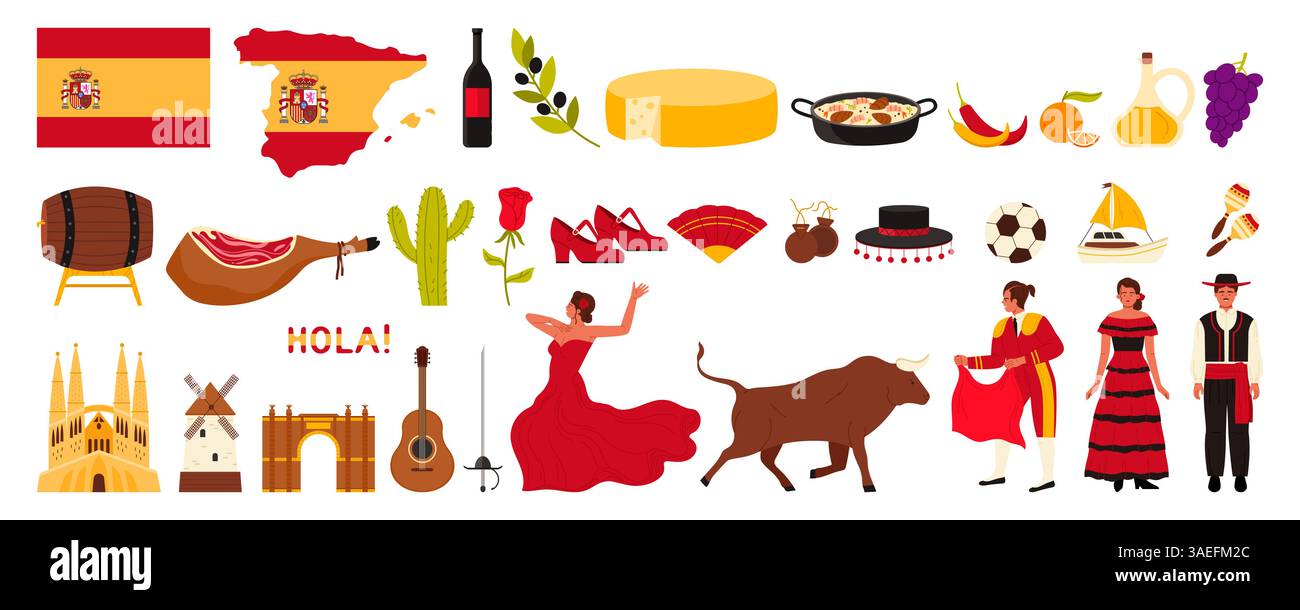 Travel to Spain, famous culture elements, food and landmarks heritage ...