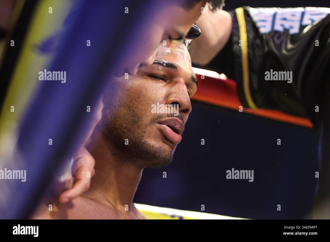 April 5, 2025: Junior Welterweight Elvis Rodriguez in his corner during ...