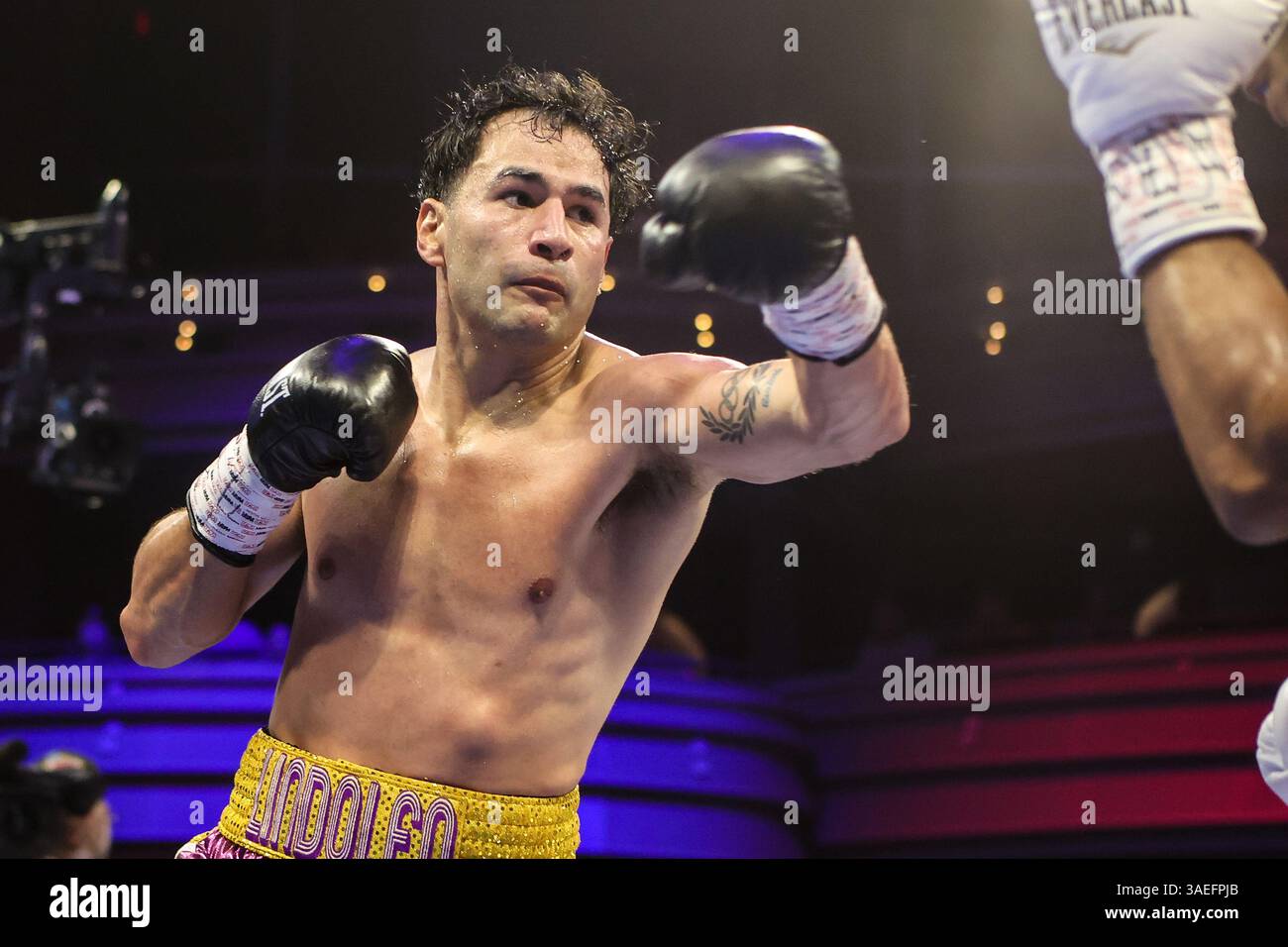 April 5, 2025: Junior Welterweight Lindolfo Delgado throws a punch ...