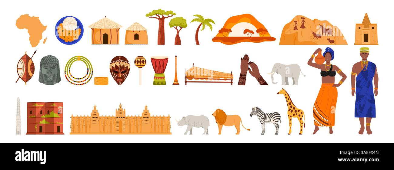 Travel to Africa infographic set with African man and woman in ...