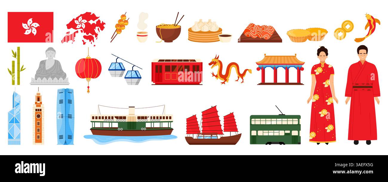 Hong Kong culture elements, food and architecture landmarks infographic ...