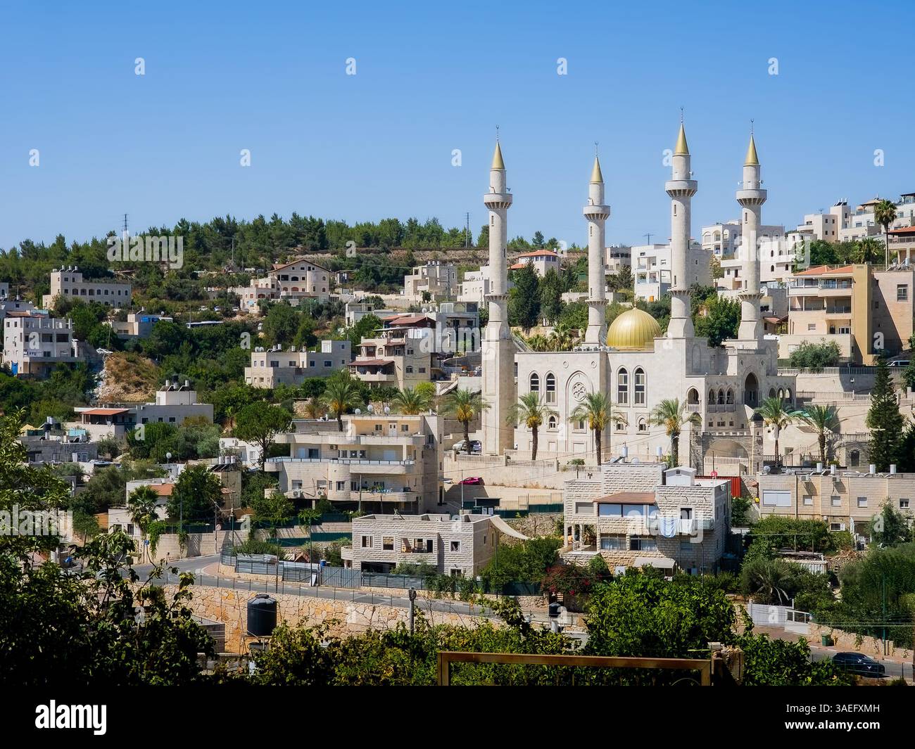 Scenic daytime view of the large mosque with golden dome and four ...