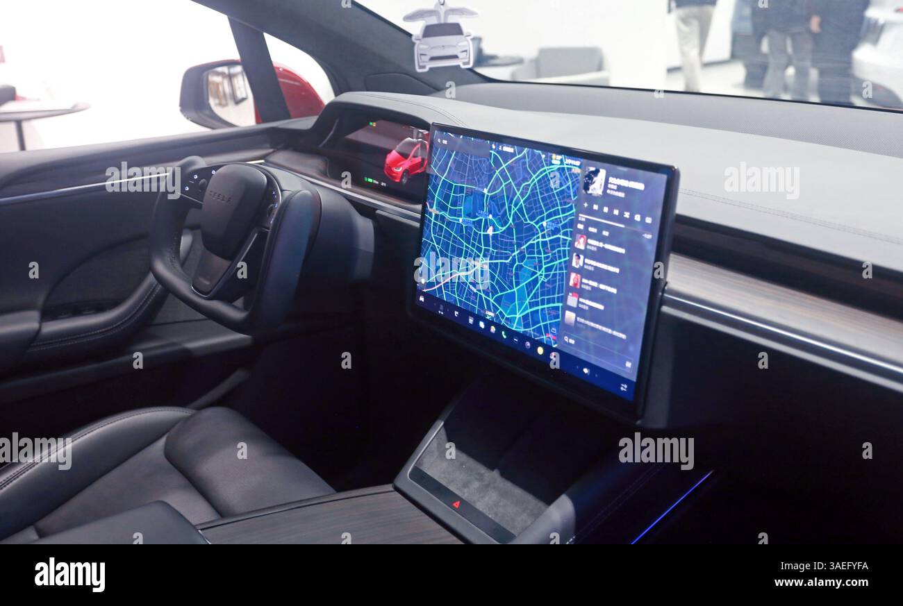 The smart cockpit of a Tesla electric vehicle MODEL X is seen in ...