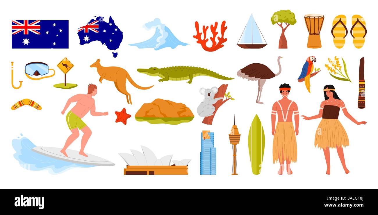 Travel to Australia, tourism set. Australian culture and famous ...