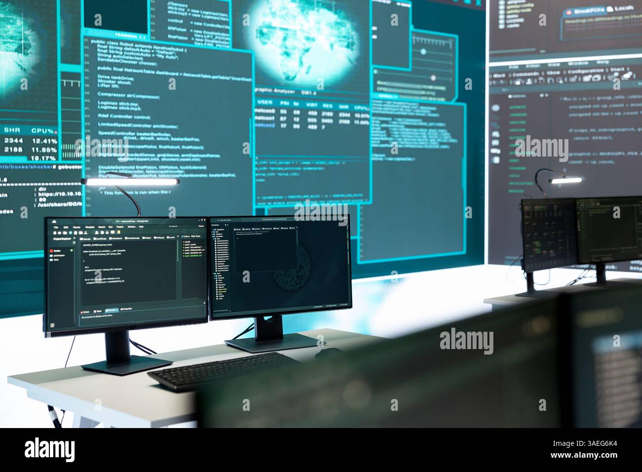 Cyber security monitoring room with high tech equipment. Governmental ...