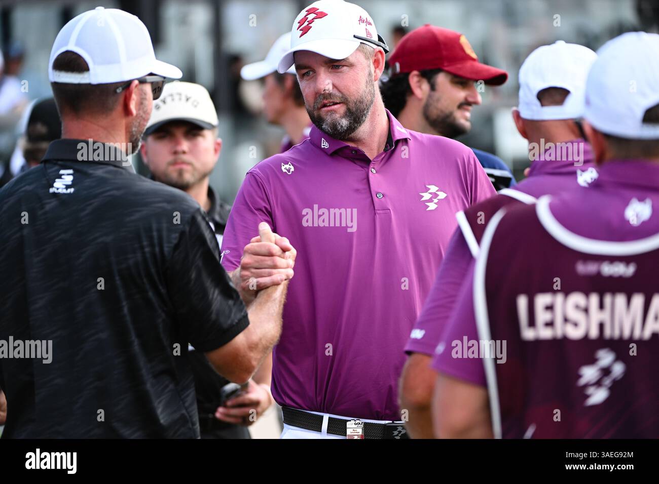 Doral, USA. 06th Apr, 2025. Marc Leishman of the Ripper GC is congratulated for winning the ...