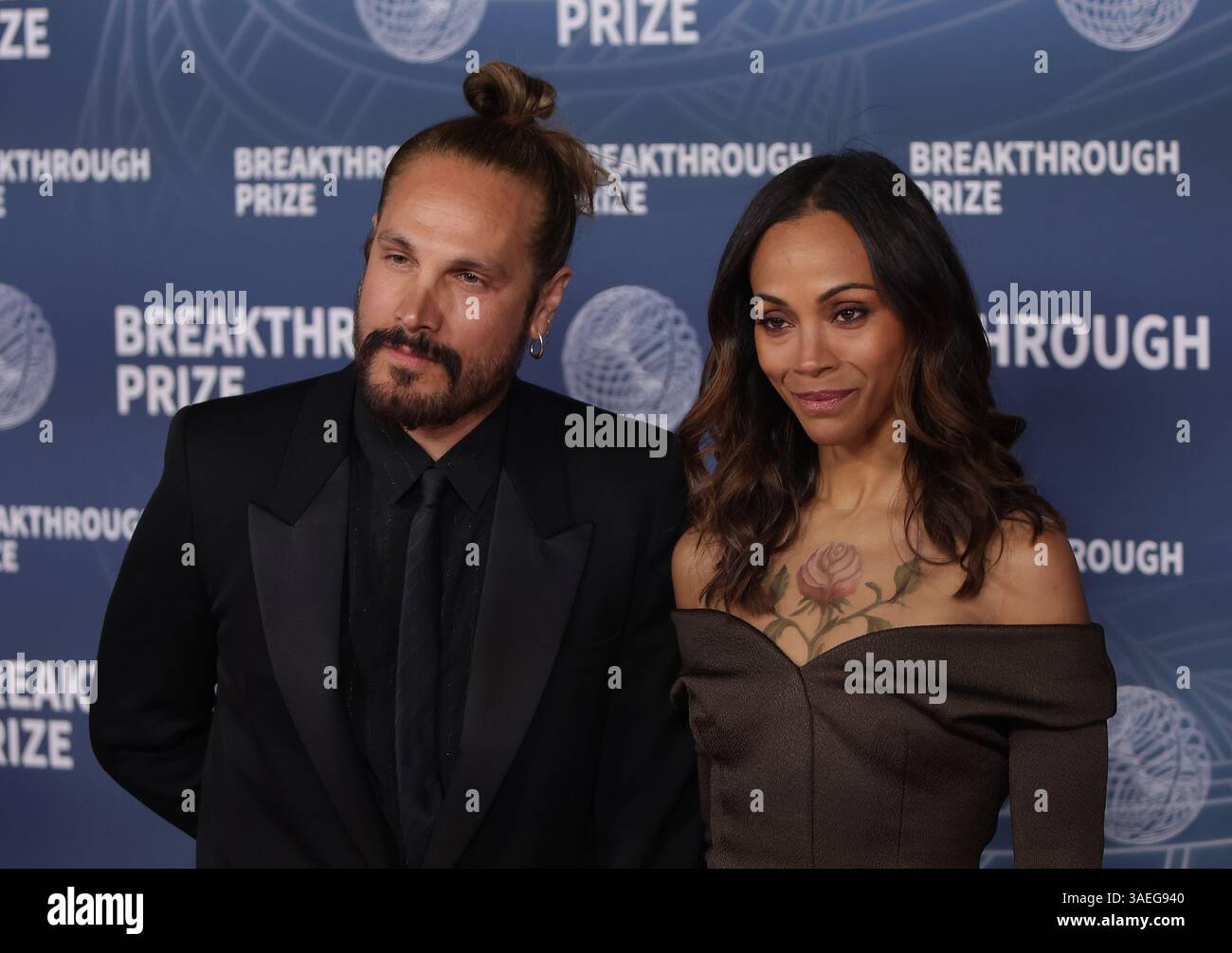 Marco Perego, Zoe Saldaña attend the 11th Breakthrough Prize Ceremony ...