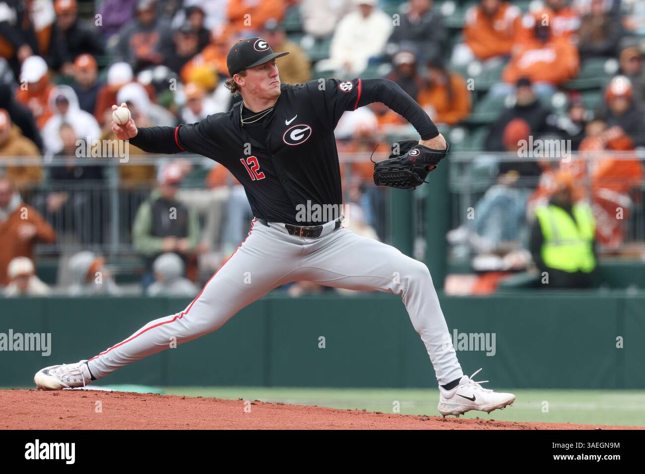 AUSTIN, TX - APRIL 06: Georgia pitcher Leighton Finley (12) pitches the ...