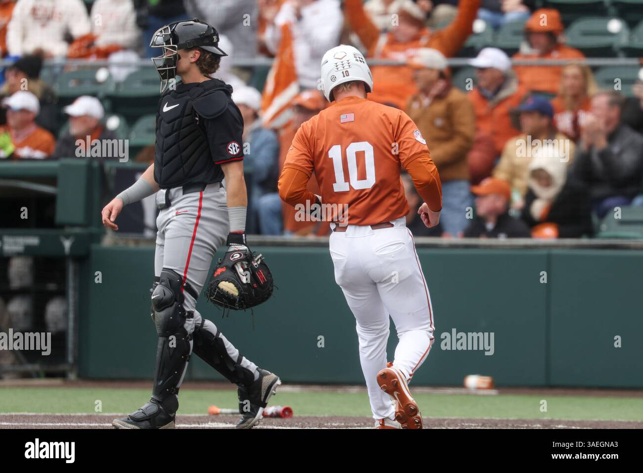 AUSTIN, TX - APRIL 06: Texas catcher Kimble Schuessler (10) touches ...