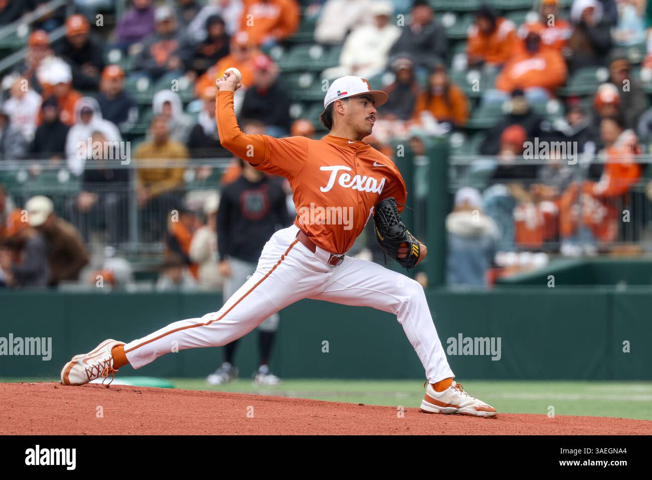 AUSTIN, TX - APRIL 06: Texas pitcher Ruger Riojas (13) pitches the ball ...