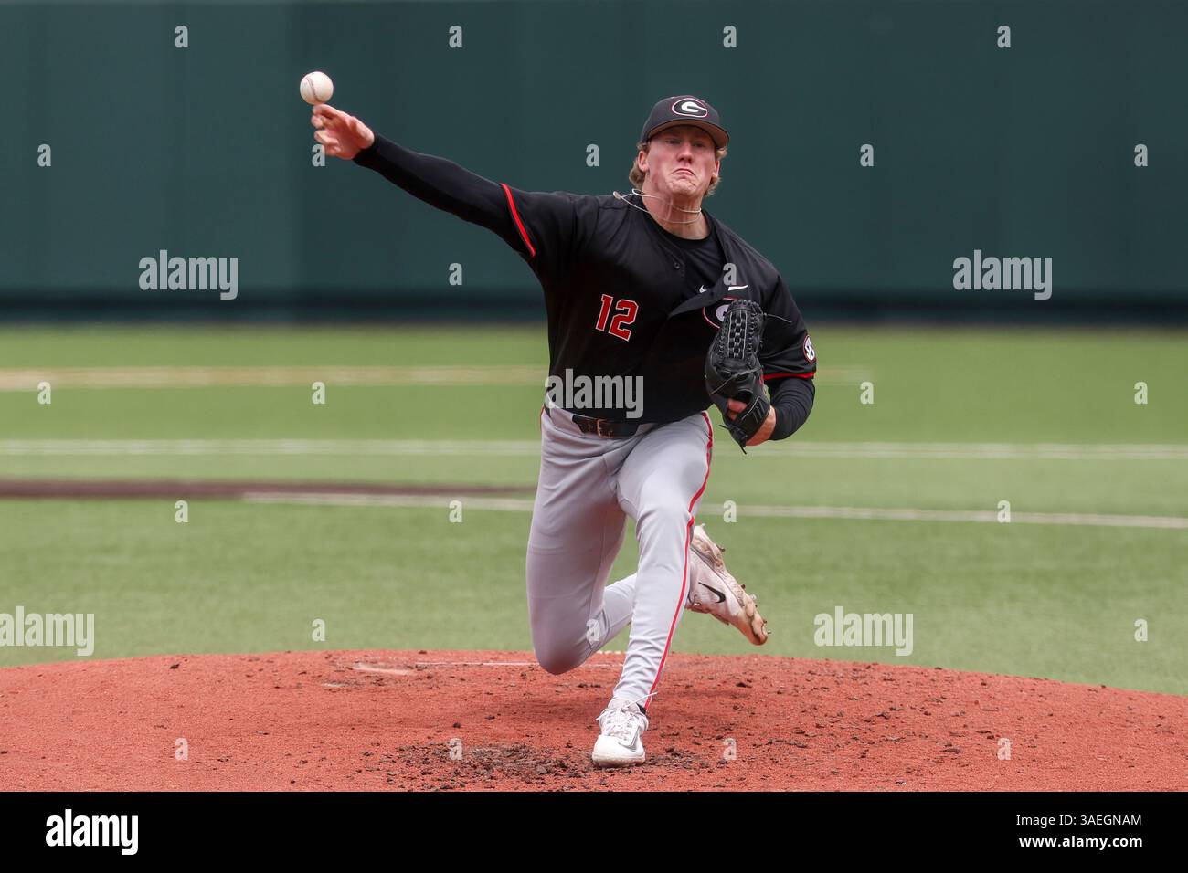 AUSTIN, TX - APRIL 06: Georgia pitcher Leighton Finley (12) pitches the ...