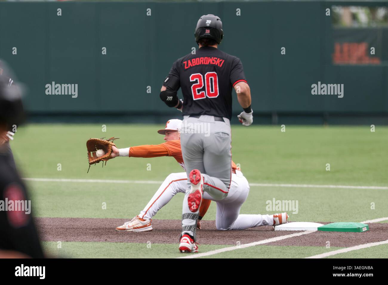 AUSTIN, TX - APRIL 06: Texas catcher Kimble Schuessler (10) stretches ...