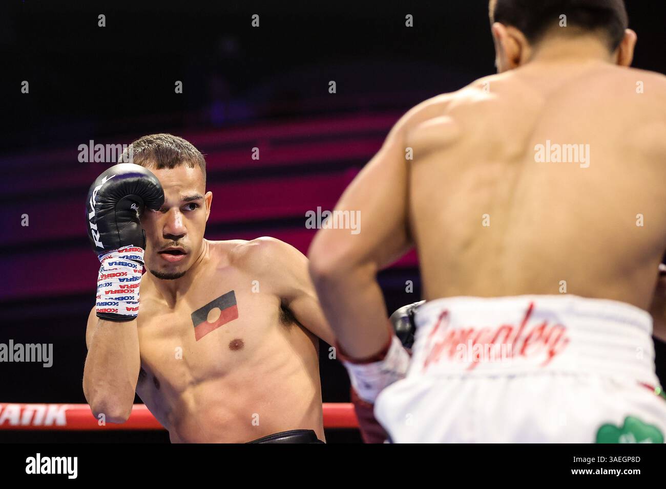 April 5, 2025: (L-R) Featherweight Dana Coolwell looks for an opening ...