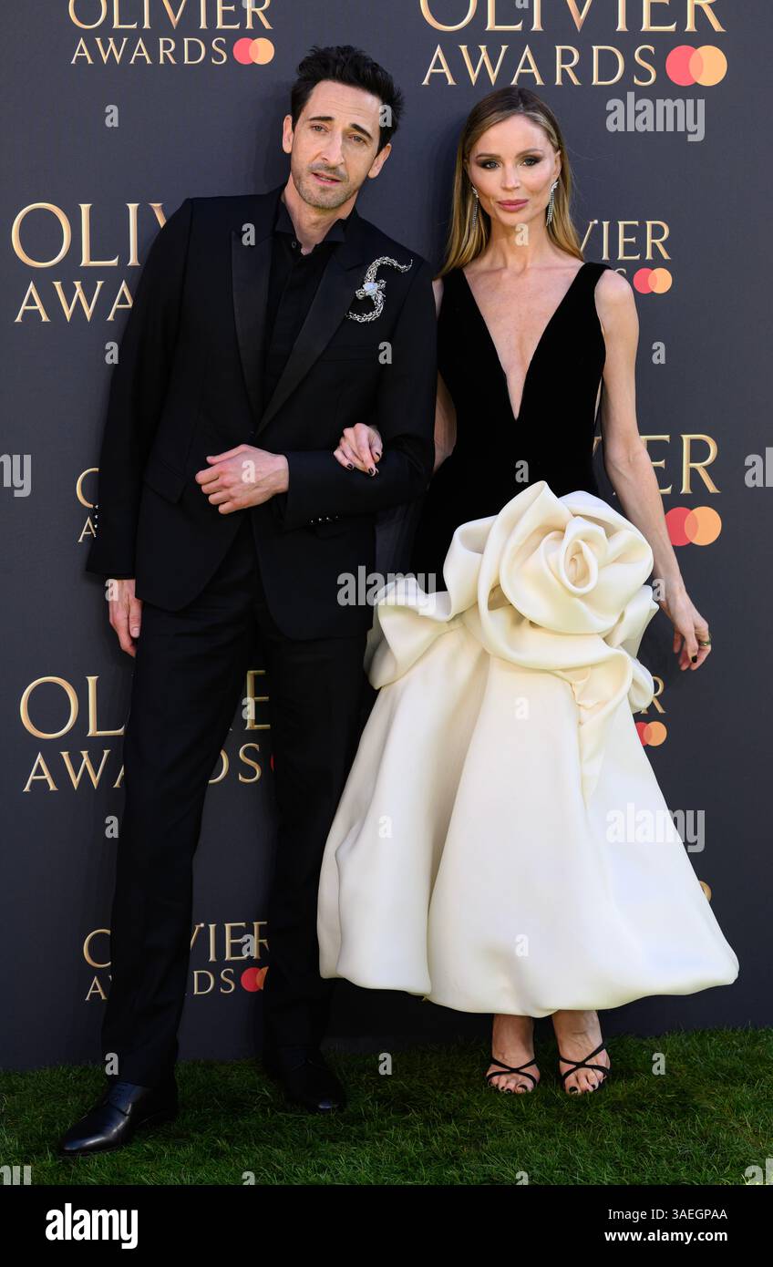 London, UK. April 6th, 2025. Adrien Brody and Georgina Chapman arriving ...