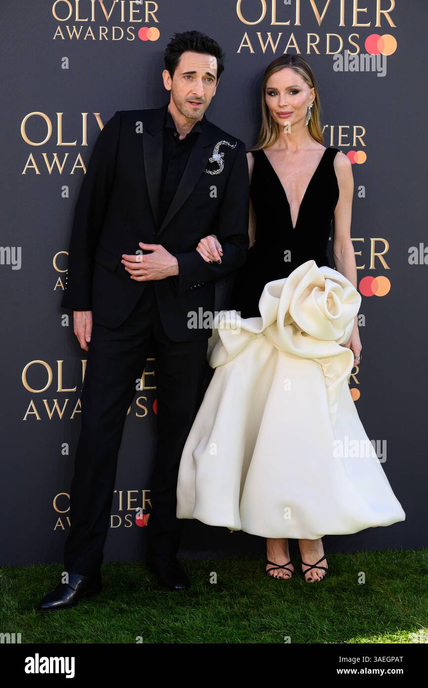 London, UK. April 6th, 2025. Adrien Brody and Georgina Chapman arriving ...